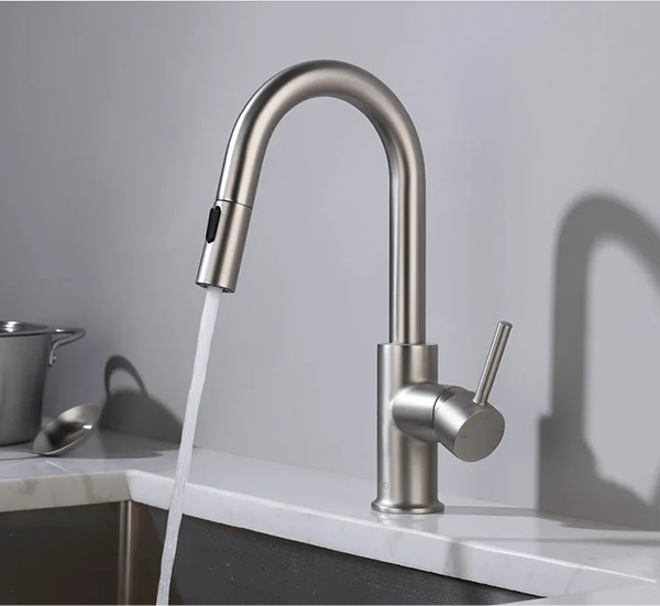 Low Arc Modern Single Hole Pull Out Kitchen Faucet In Stainless Steel